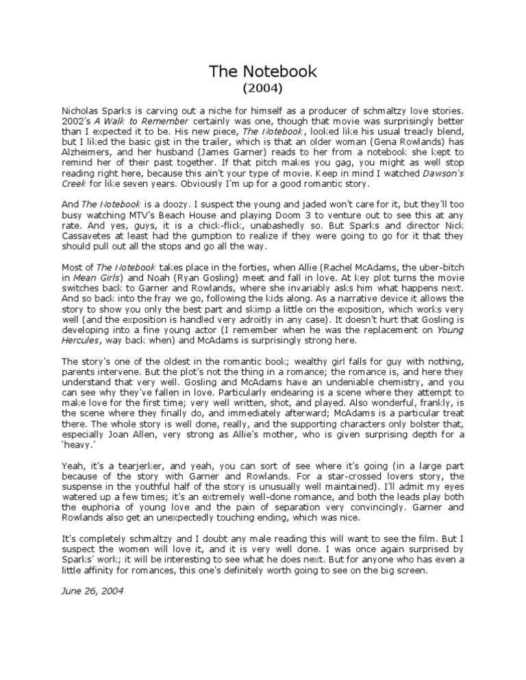 The Notebook Movie Review | Download Free PDF | Leisure | Courtship