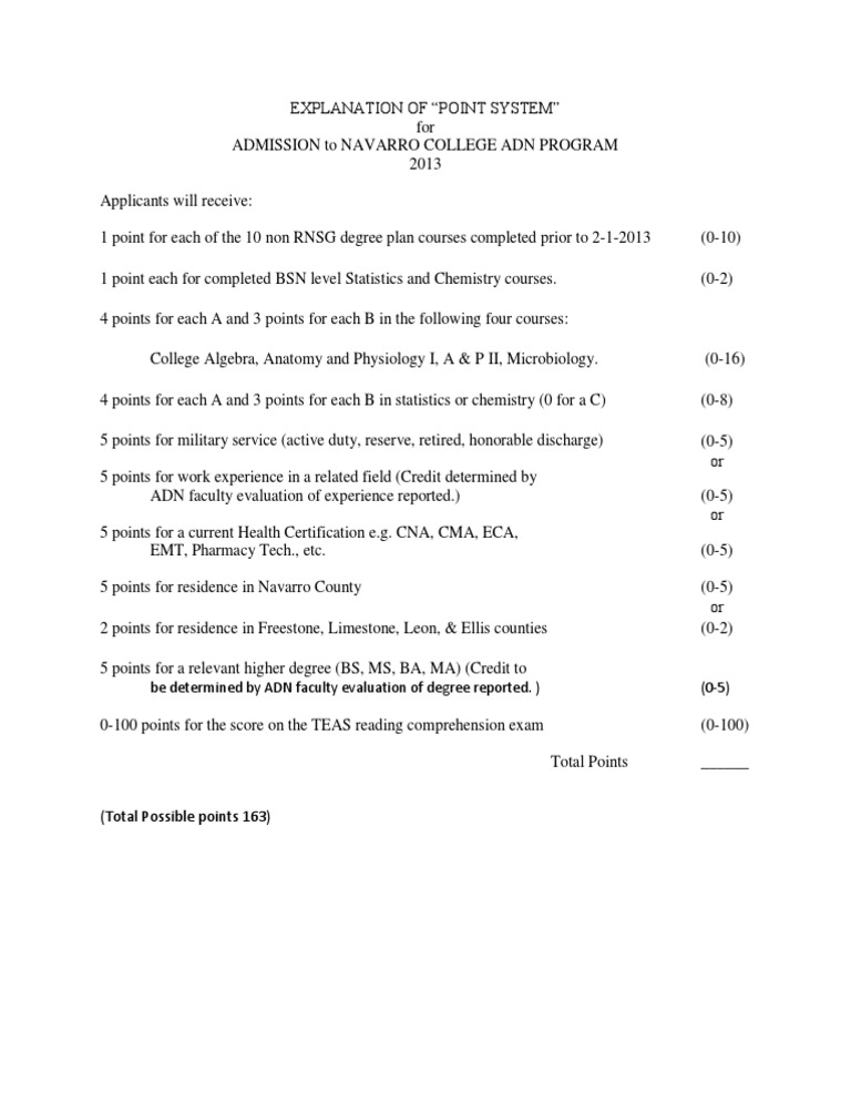 Navarro College Explanation of ADN Admission Point System | PDF
