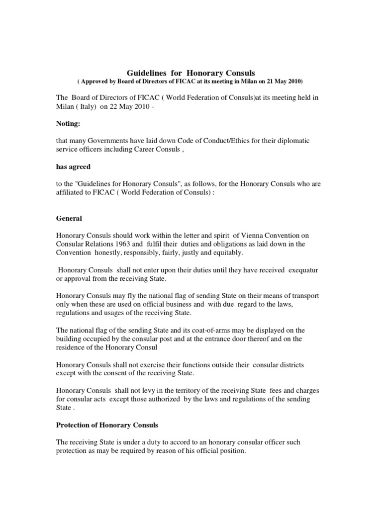 Honorary Consul Info | PDF | Consul (Representative) | Sovereign Immunity