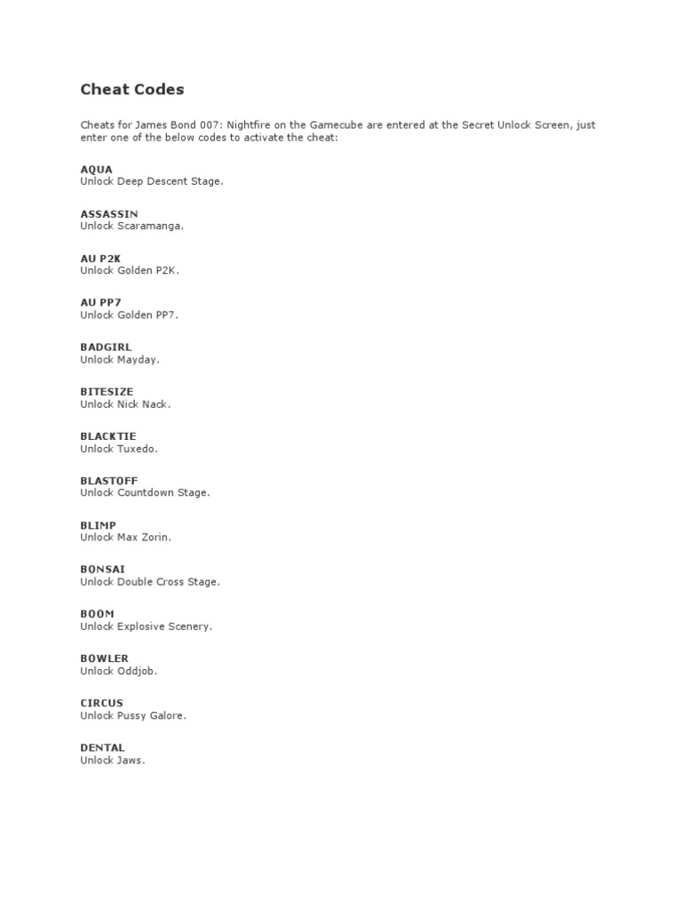 007 Cheat Codes (Nightfire GC) | PDF | Leisure | Sports