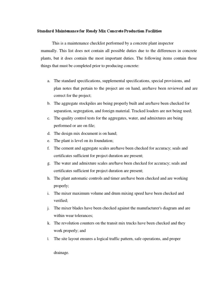 Standard Maintenance For Ready Mix Concrete Production Facilities | PDF ...