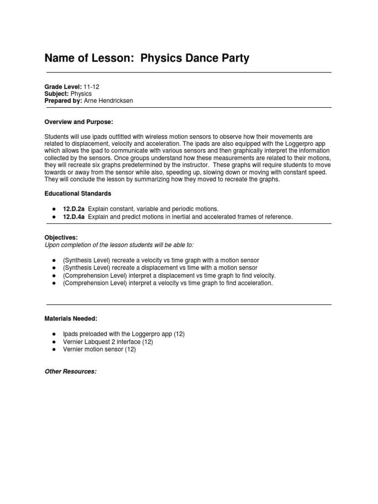 Hendricksen Lesson Plan EDTECH 501 | PDF | Velocity | Motion (Physics)