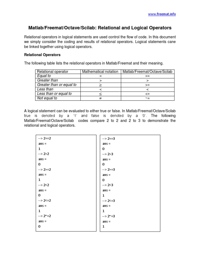 Relational And Logical Operators In Matlab Freemat And Octave By Pdf 