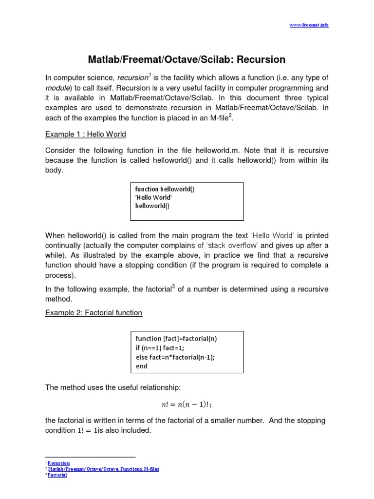 Recursion In Matlab Freemat Octave And Scilab Pdf Subroutine Matlab