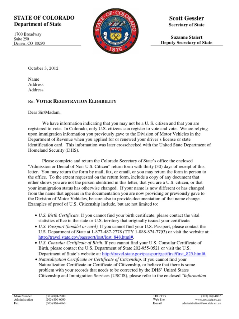 Colorado Voter Registration Eligibility Notice | PDF | Birth ...