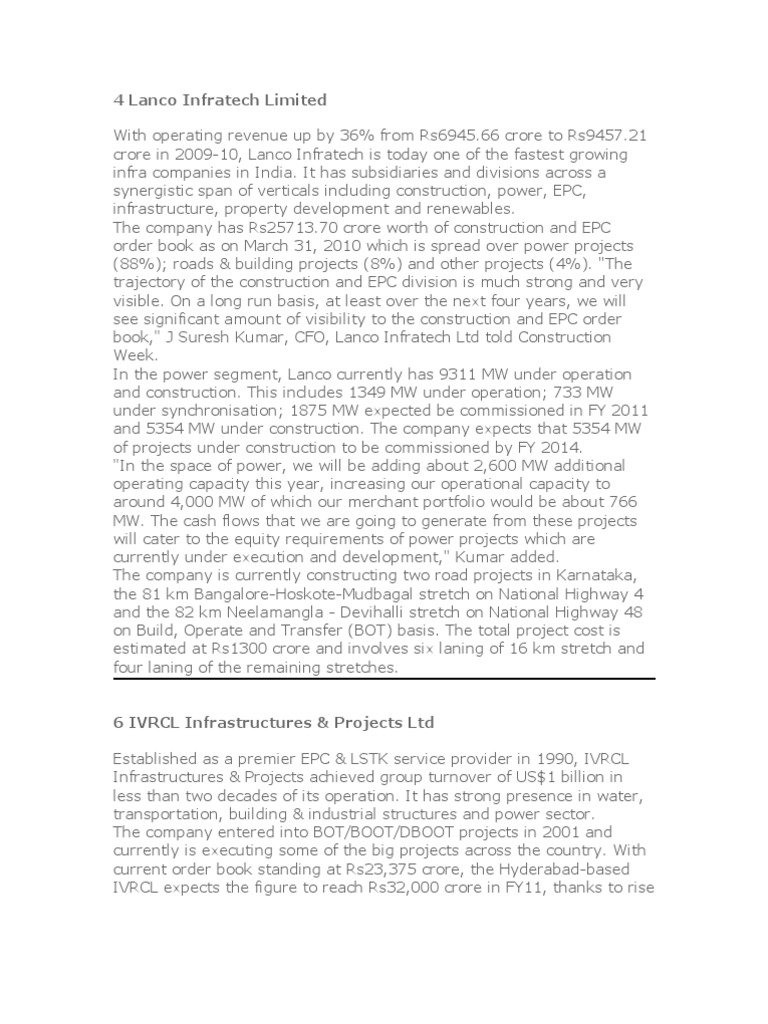 Lanco & IVRCL Infra Growth 2010 | PDF | Prices | Economies