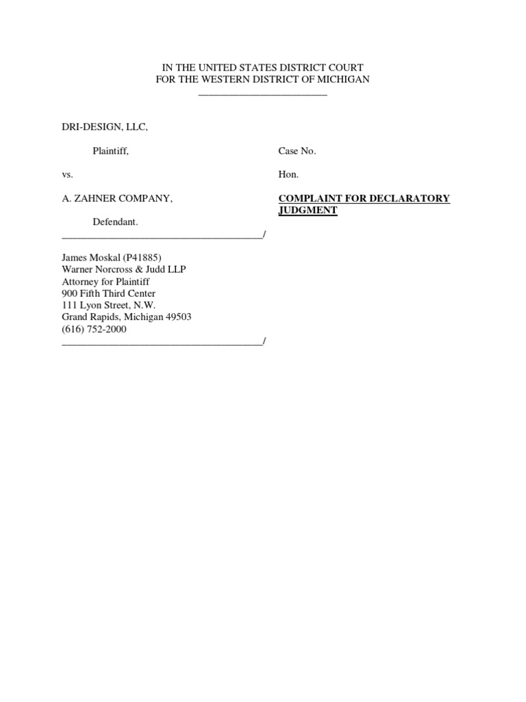 Dri-Design v. A. Zahner Company | PDF | Declaratory Judgment | Patent