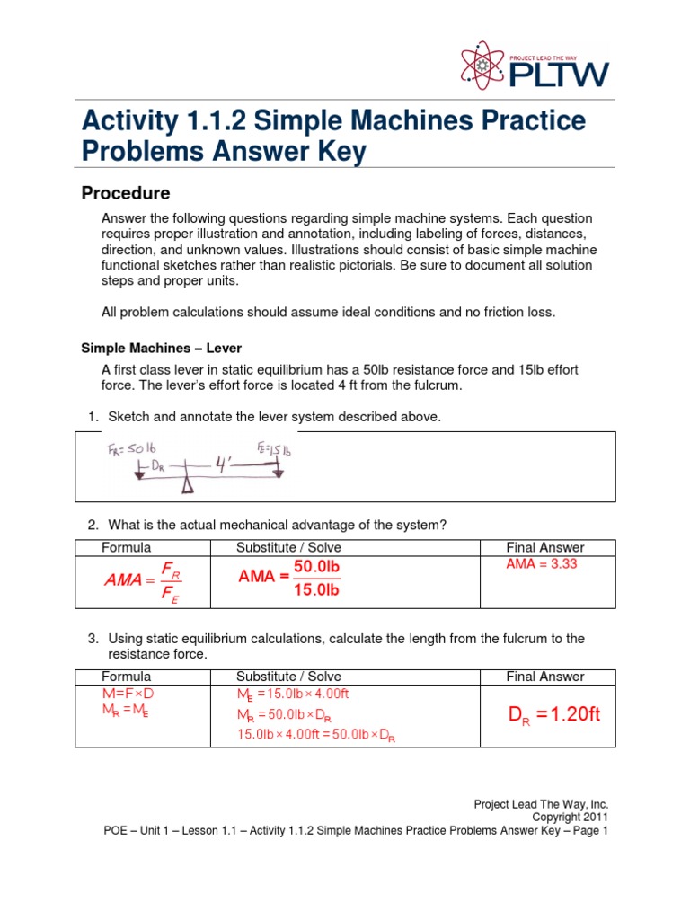 A1_1_2SimpleMachinesPracticeProblemsAnsKey[1] (1) | Lever | Machines