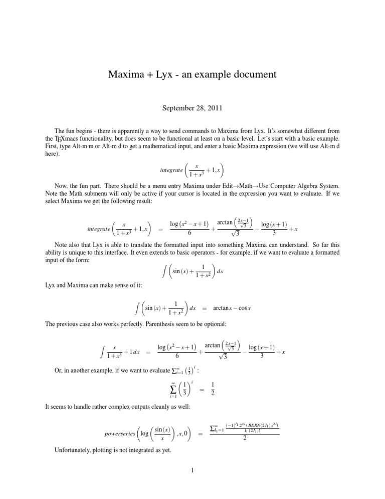 Maxima & Lyx: Math Integration Guide | PDF