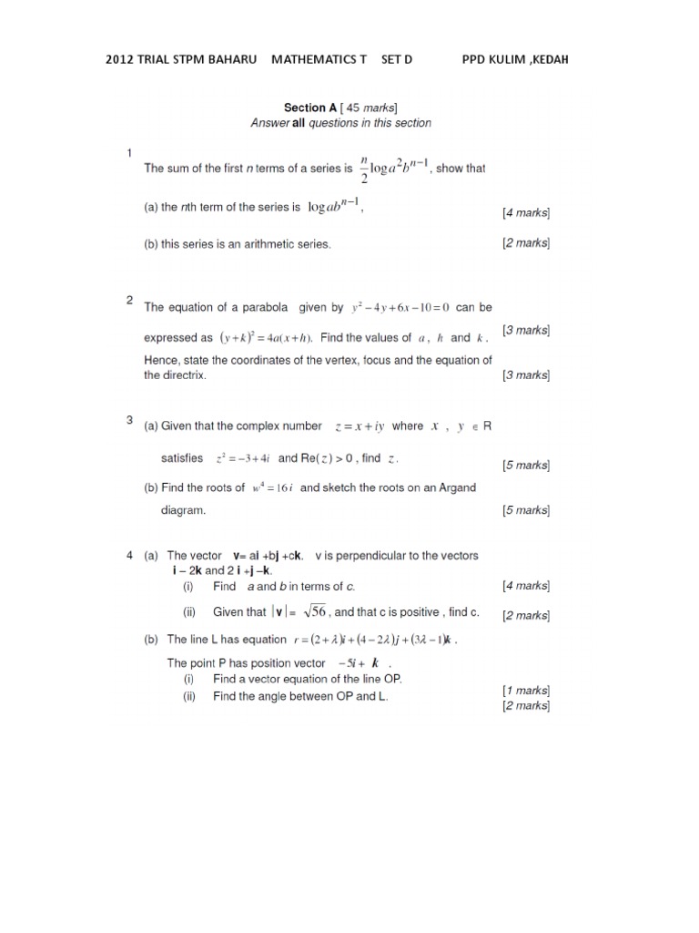 2012 Trial STPM Baharu Mathematics T Set D PPD Kulim | PDF