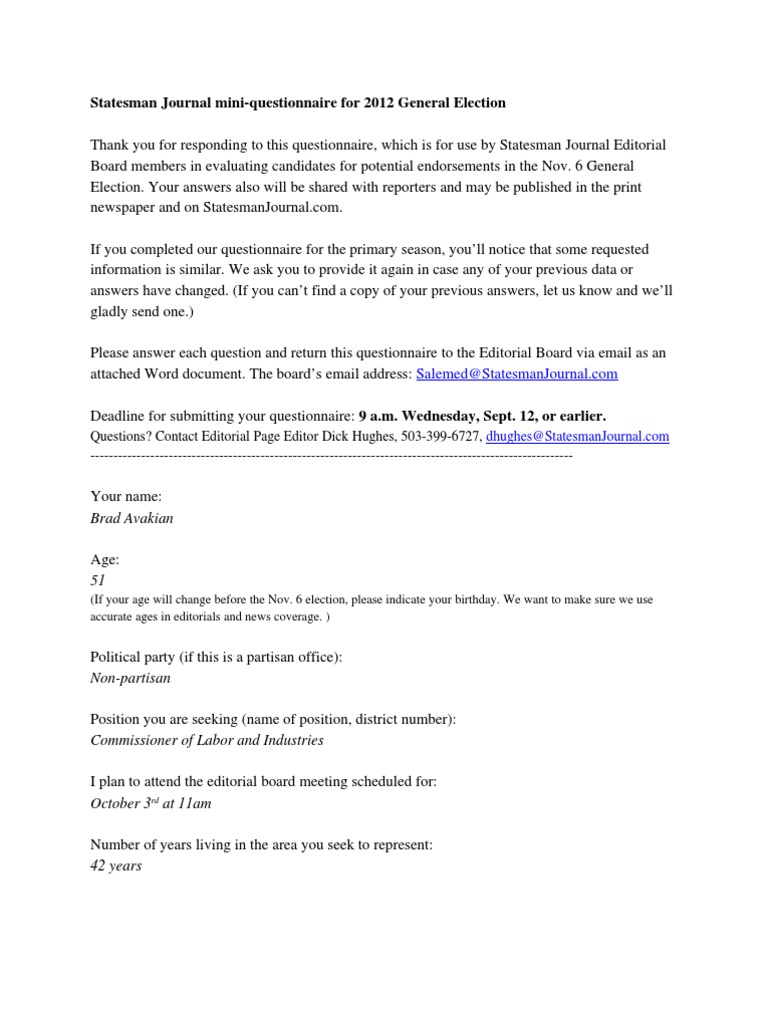 Statesman Journal Mini-Questionnaire For 2012 General Election | PDF ...