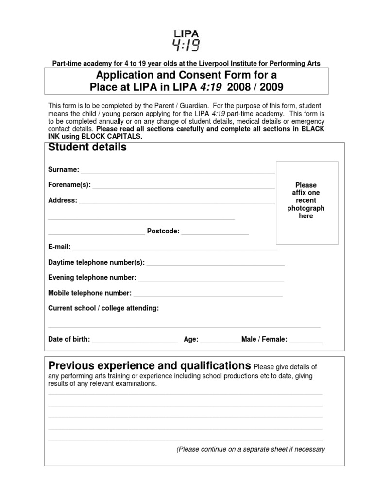 Application and Consent Form For A Place at LIPA in LIPA 4:19 2008 / ...