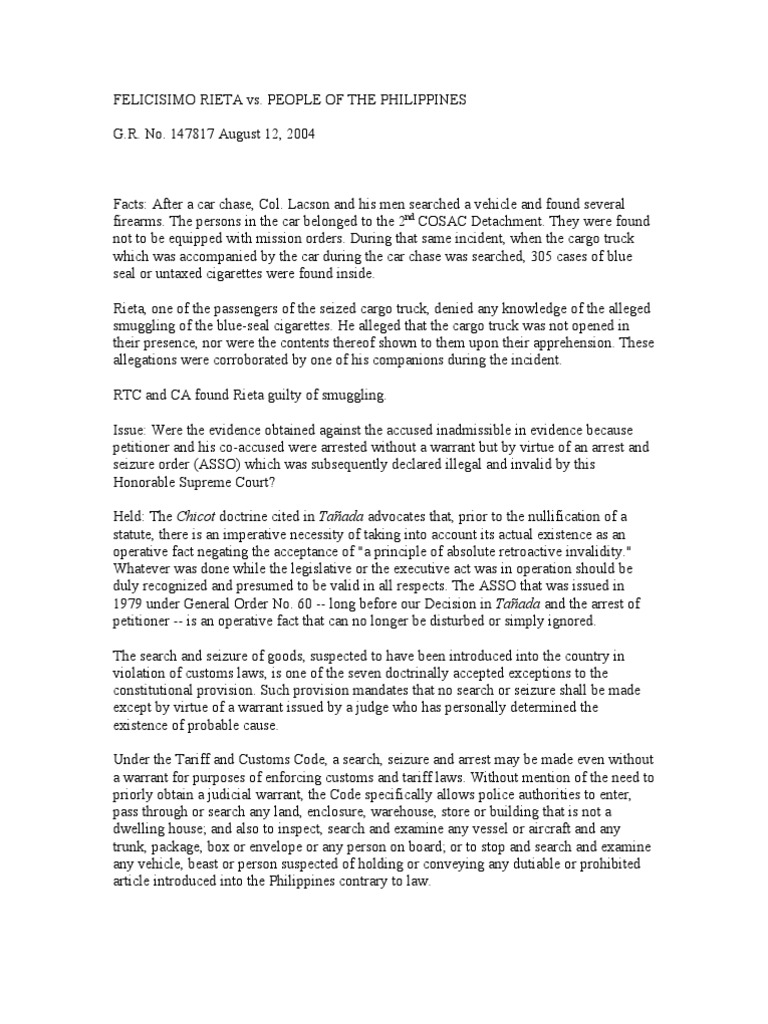 Rieta Vs People August 12, 2004 | PDF | Search And Seizure | Arrest