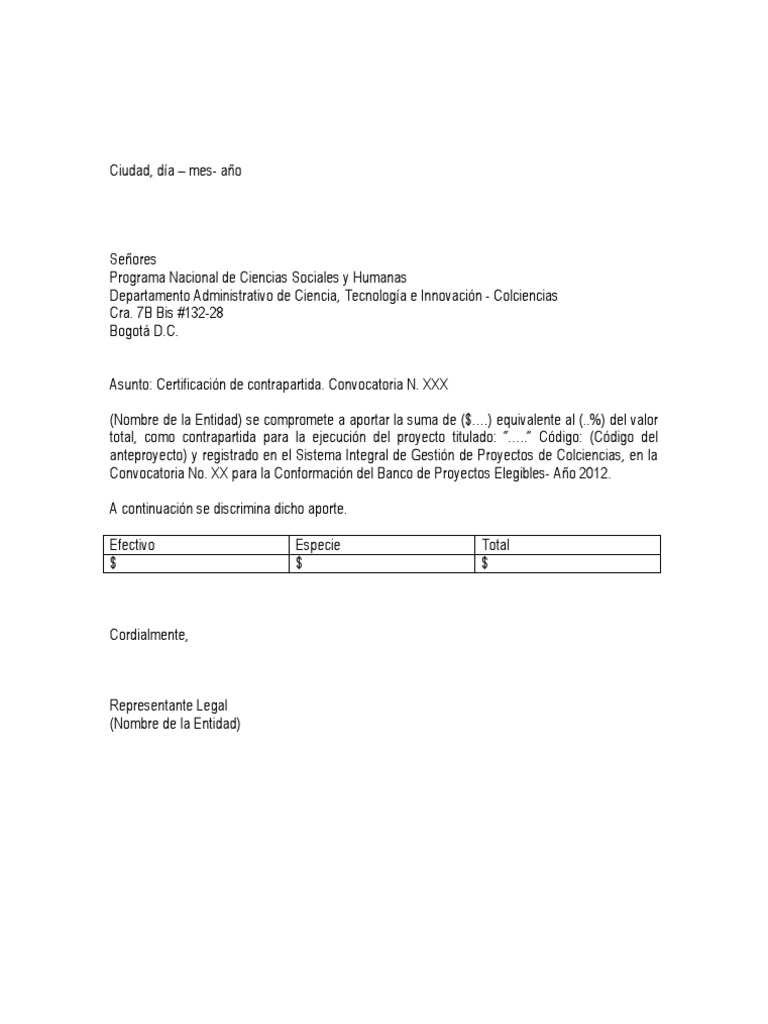 Carta Certificacion de Contrapartida | PDF | Finanzas y dinero