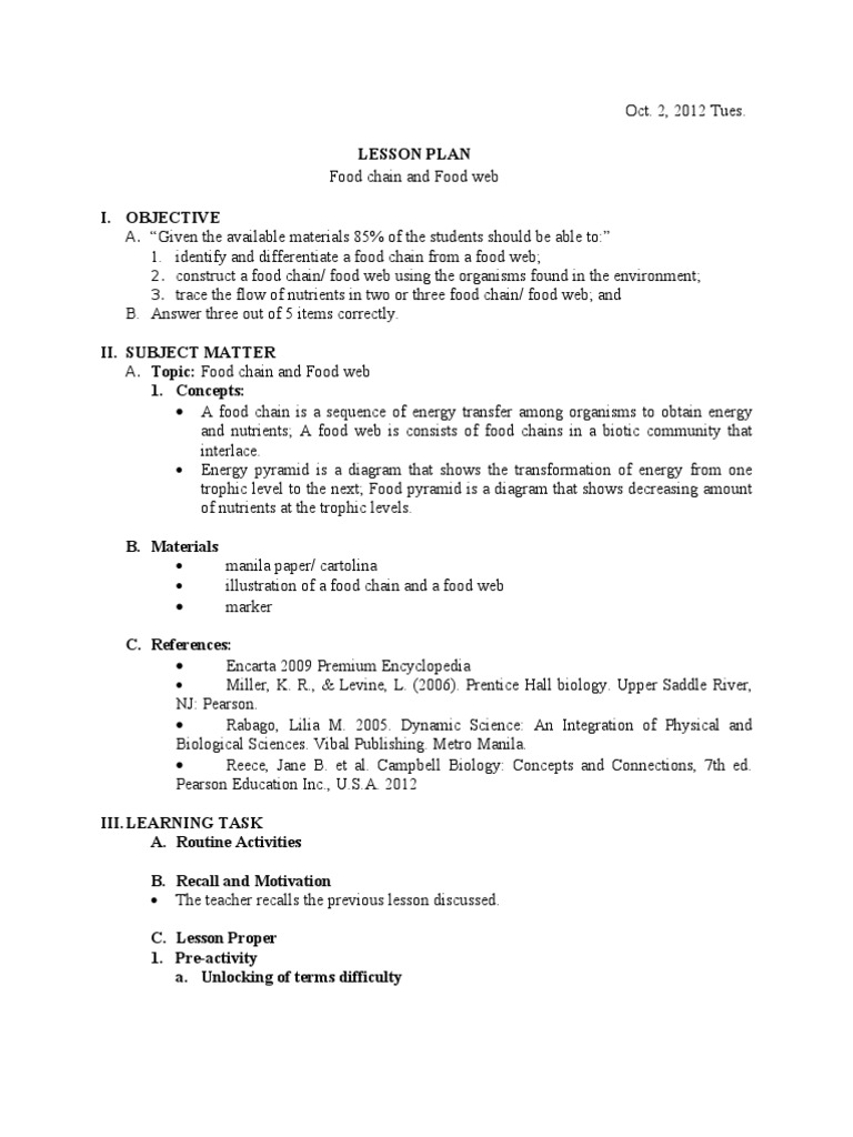 Food Web and Food Chain Lesson Plan God Bless | PDF | Wellness ...