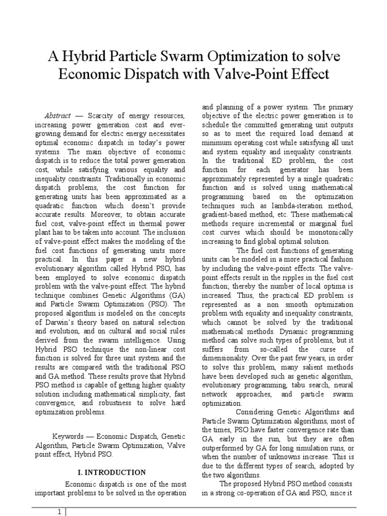 A Hybrid Particle Swarm Optimization To Solve Economic Dispatch With Valve-Point Effect | PDF ...