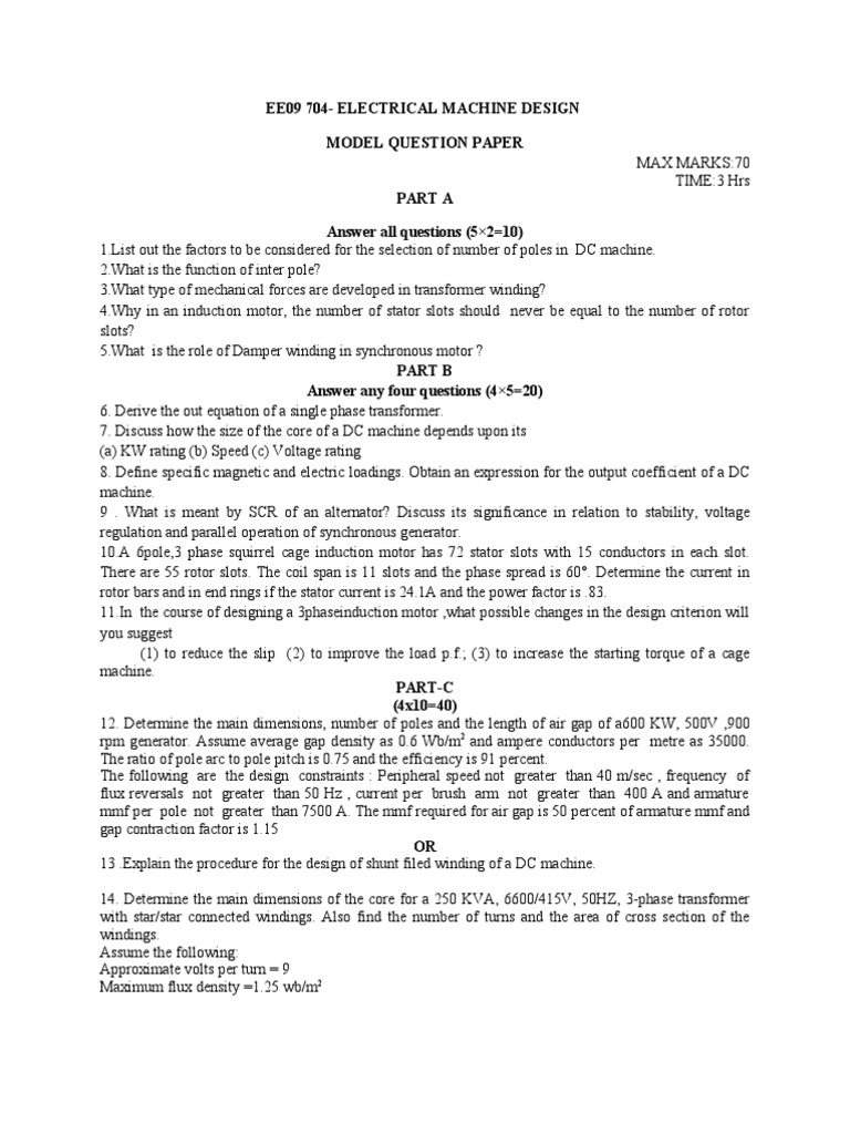 Ee09 704 - Electrical Machine Design Model QP | PDF | Magnetic Devices ...