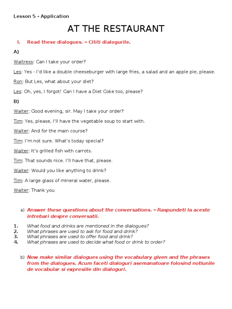 Leson 5 - Application - at The Restaurant - Beginner | PDF