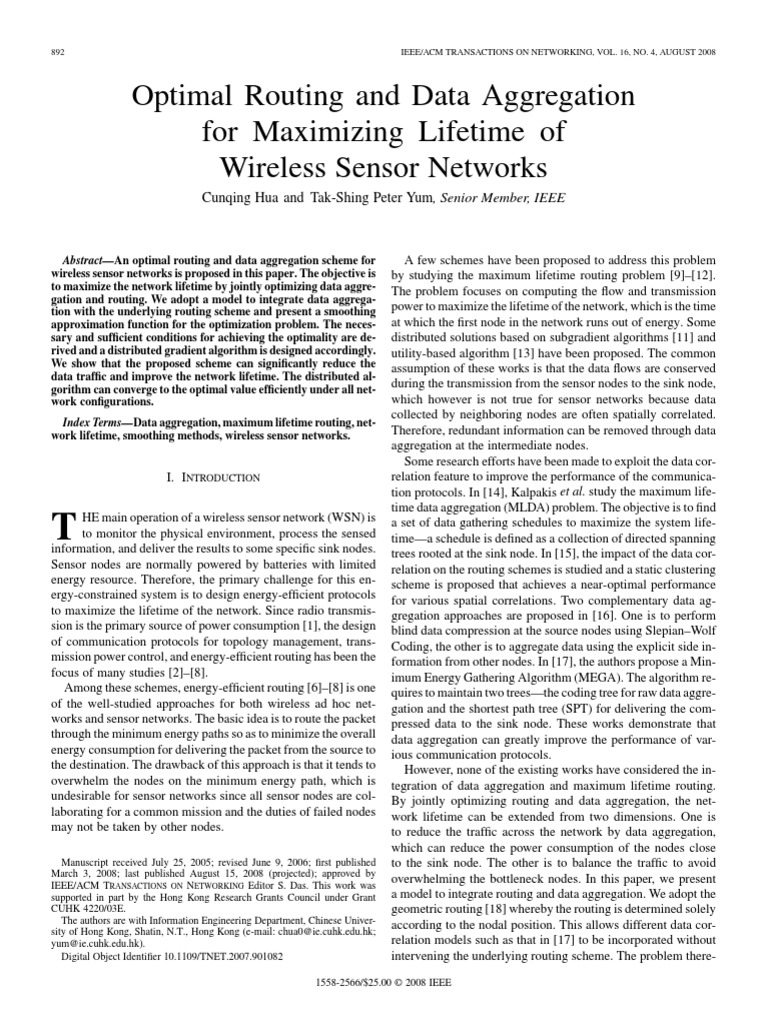 Optimal Routing and Data Aggregation For Maximizing Lifetime of Wireless Sensor Networks | PDF ...