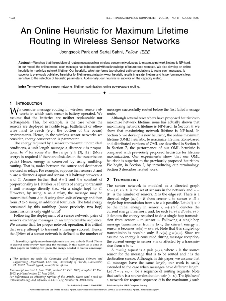An Online Heuristic For Maximum Lifetime Routing In Wireless Sensor Networks Pdf Routing