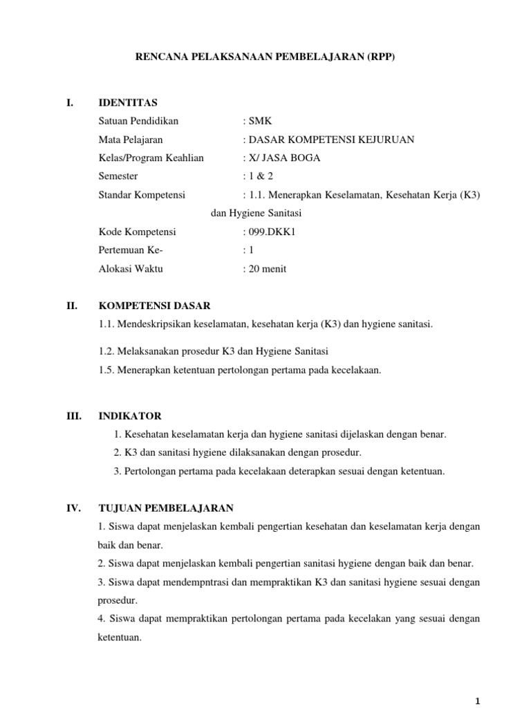 RPP k3 & Sanitasi Kelompok Paling Bener | PDF | Karier & Perkembangan