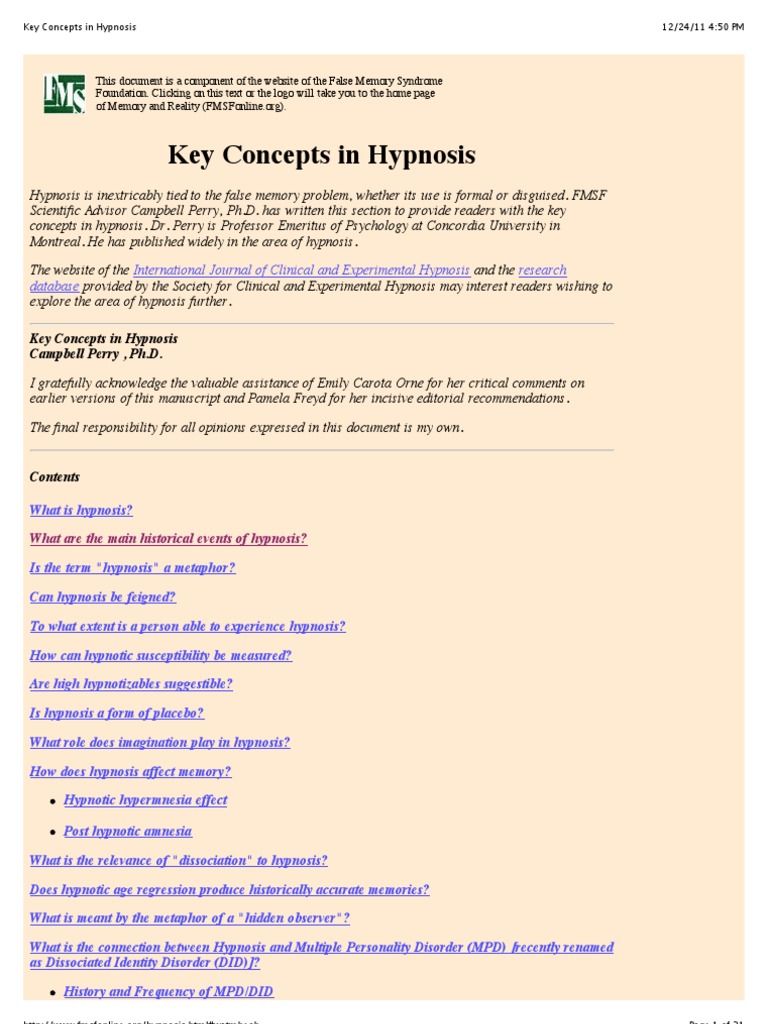 Key Concepts in Hypnosis | PDF | Hypnosis | Metaphysics Of Mind
