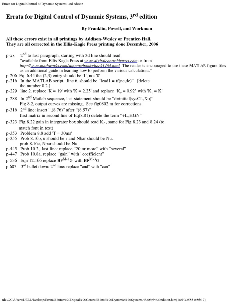 Errata For Digital Control of Dynamic Systems, 3rd Edition | PDF