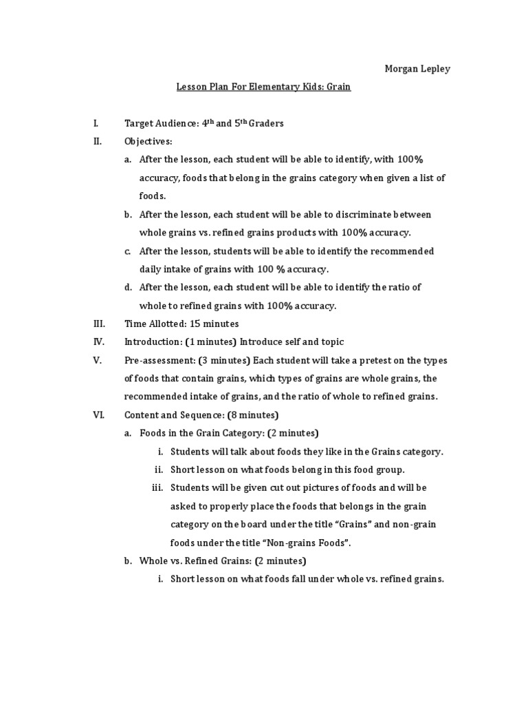 Lesson Plan For Elementary Kids - Grains | PDF | Whole Grain | Cereals