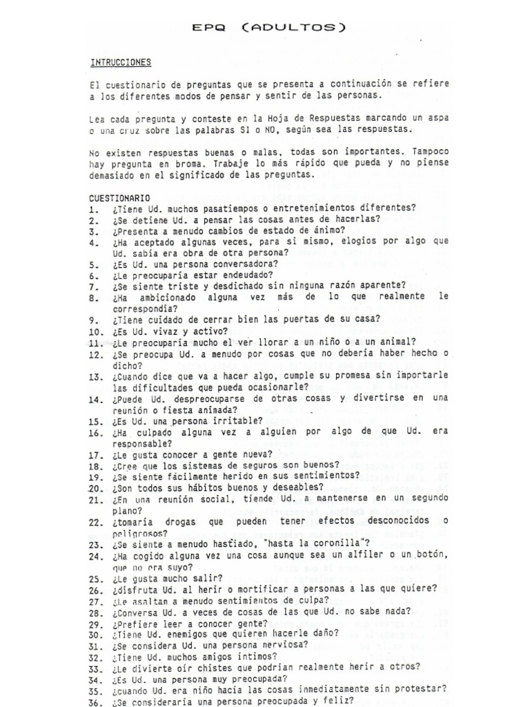 Inventario de Personalidad de Eysenck Epq Forma - B | PDF