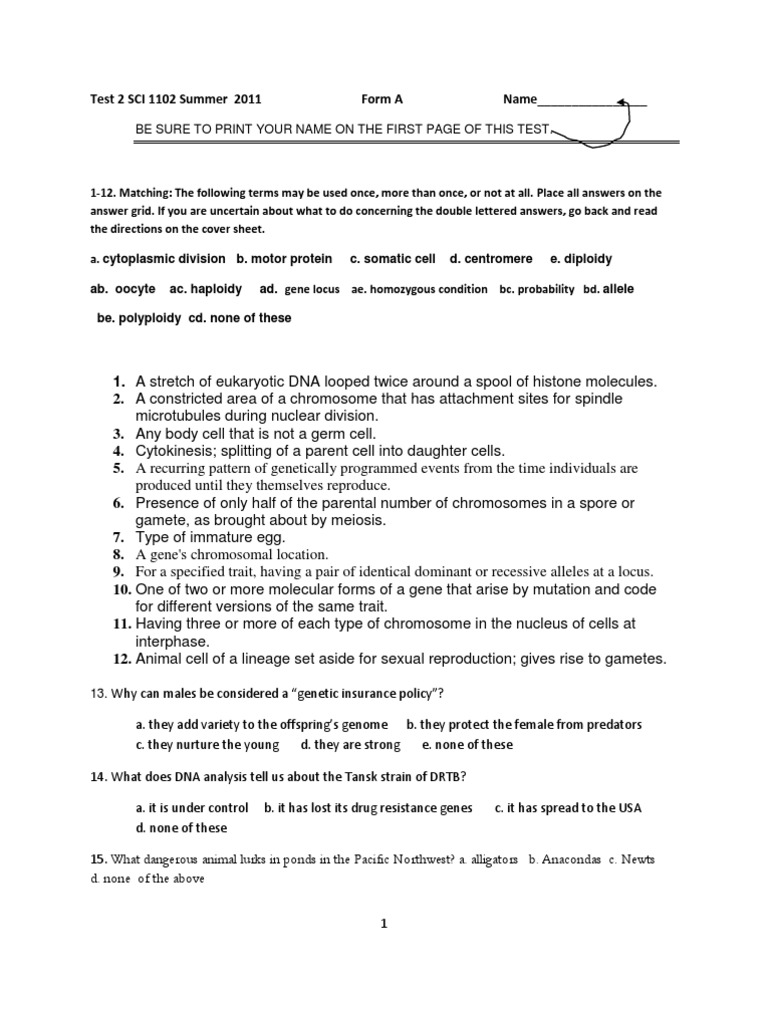 Test 2 Summer 2011 Form A | PDF | Meiosis | Zygosity