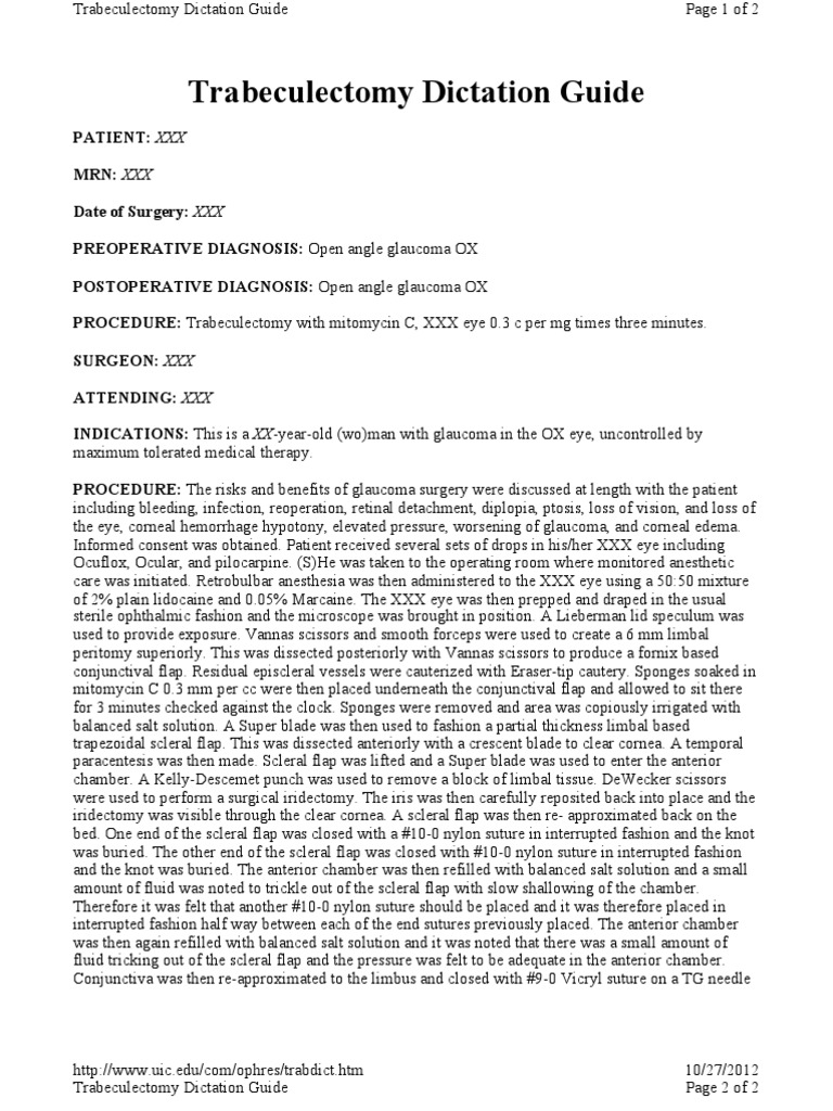 Trabeculectomy Dictation Guide | PDF | Glaucoma | Surgery