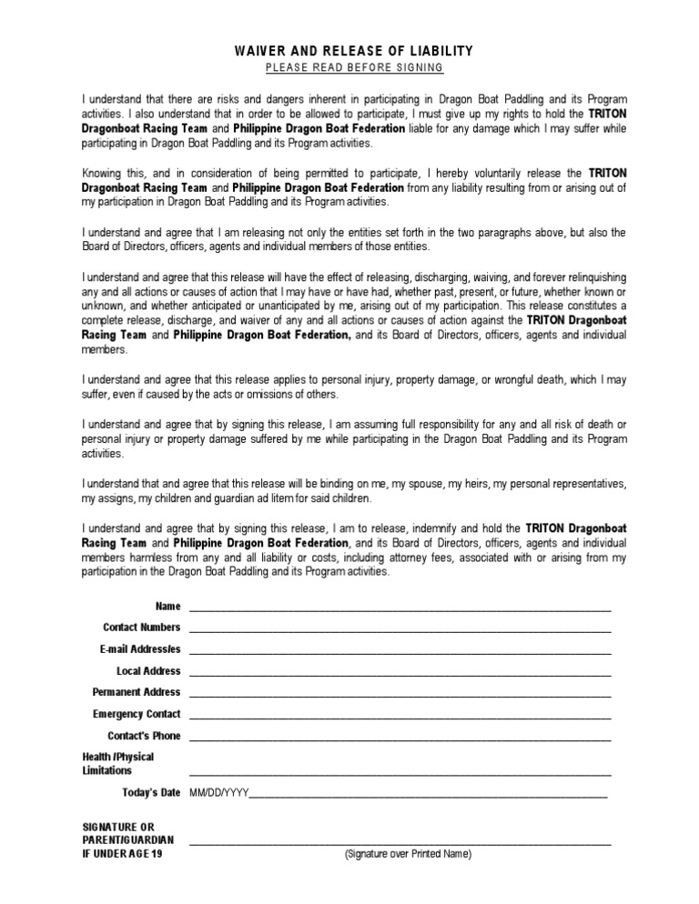 Dragon Boat Liability Waiver Form | PDF | Waiver | Legal Guardian