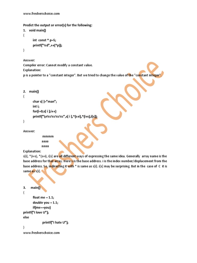 C Aptitude Questions and Answers With Explanation - 1 | PDF | C (Programming Language) | Pointer ...