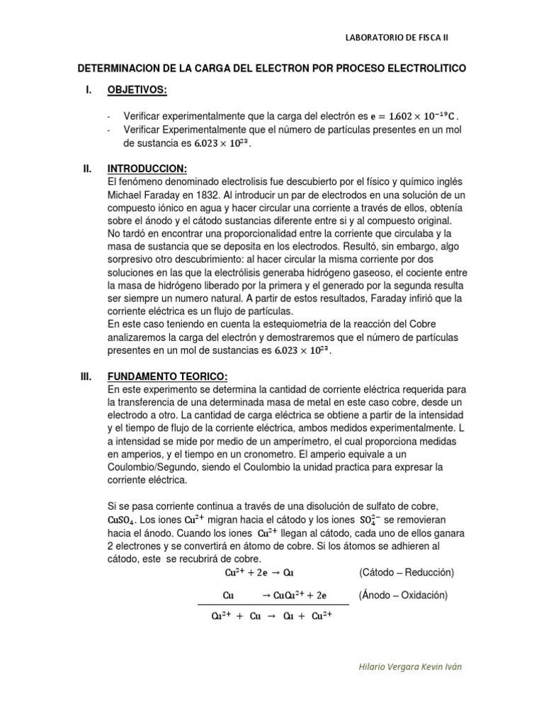 Determinacion de La Carga Del Electron Por Proceso Electrolitico | PDF ...