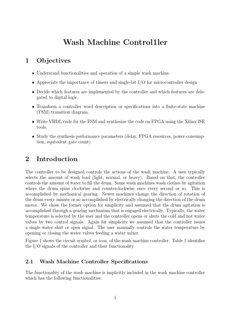 Wash Machine Controller FSM Design | PDF | Washing Machine | Digital ...