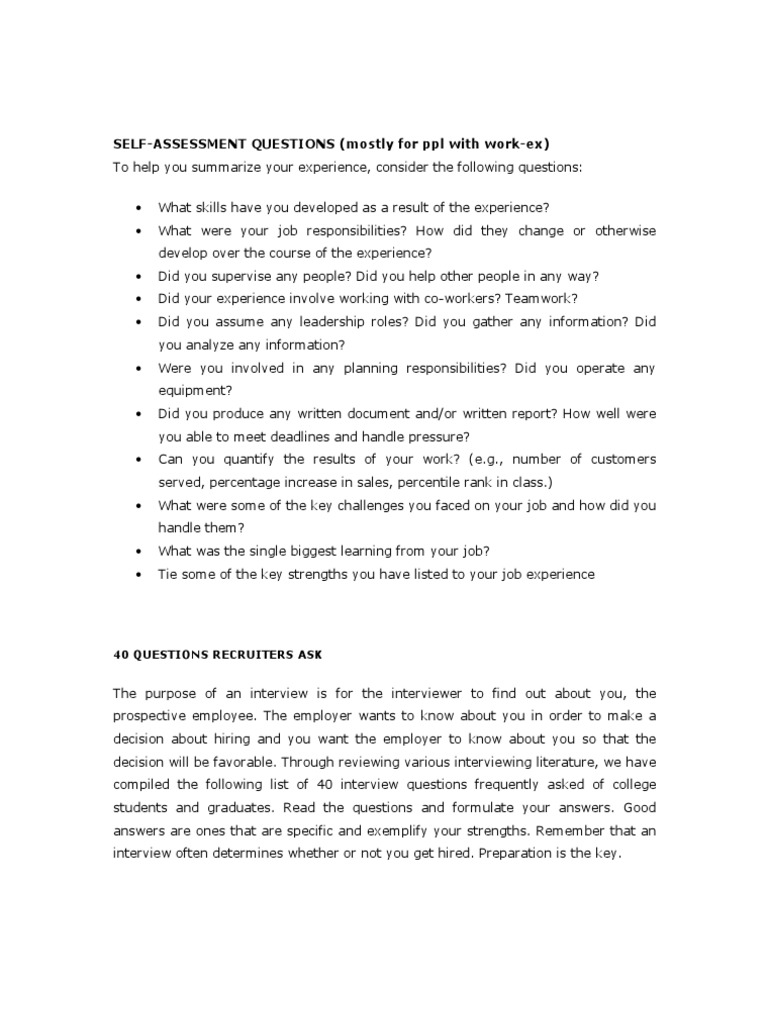 Self-Assessment for Job Interviews | PDF | Interview | Grading (Education)