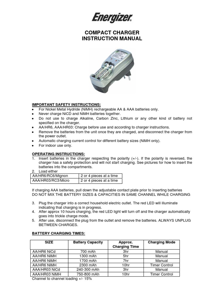 Energizer Compact Charger Manual | PDF | Battery Charger | Battery ...