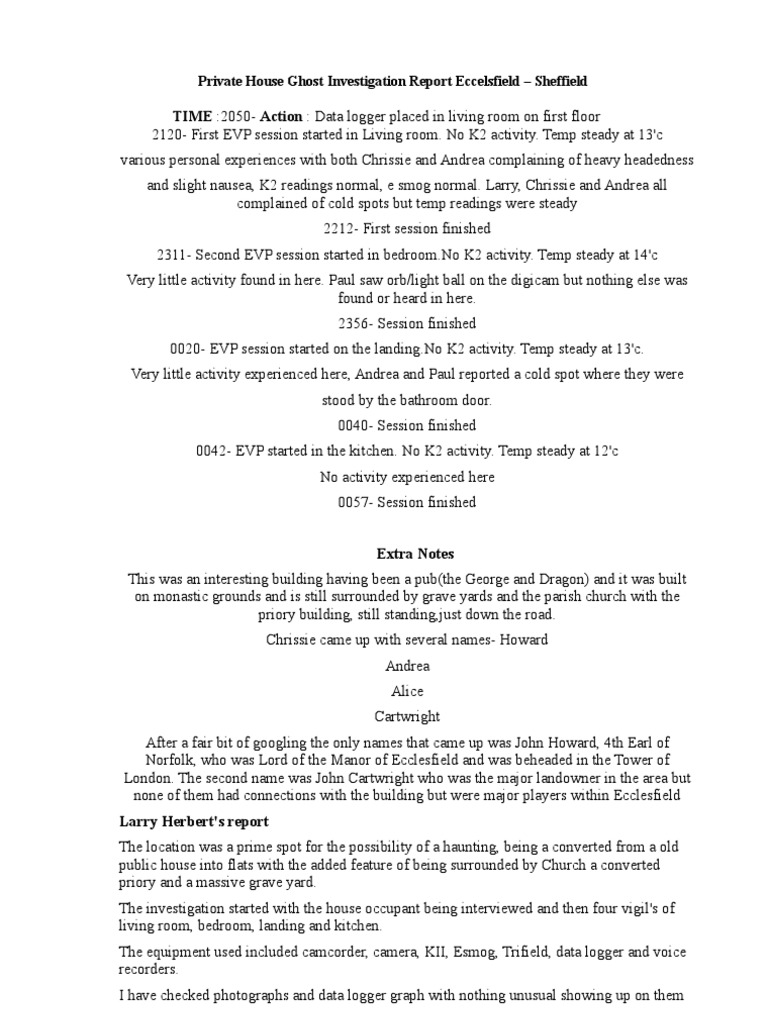 Private House Ghost Investigation Report Ecclesfield | PDF | Leisure