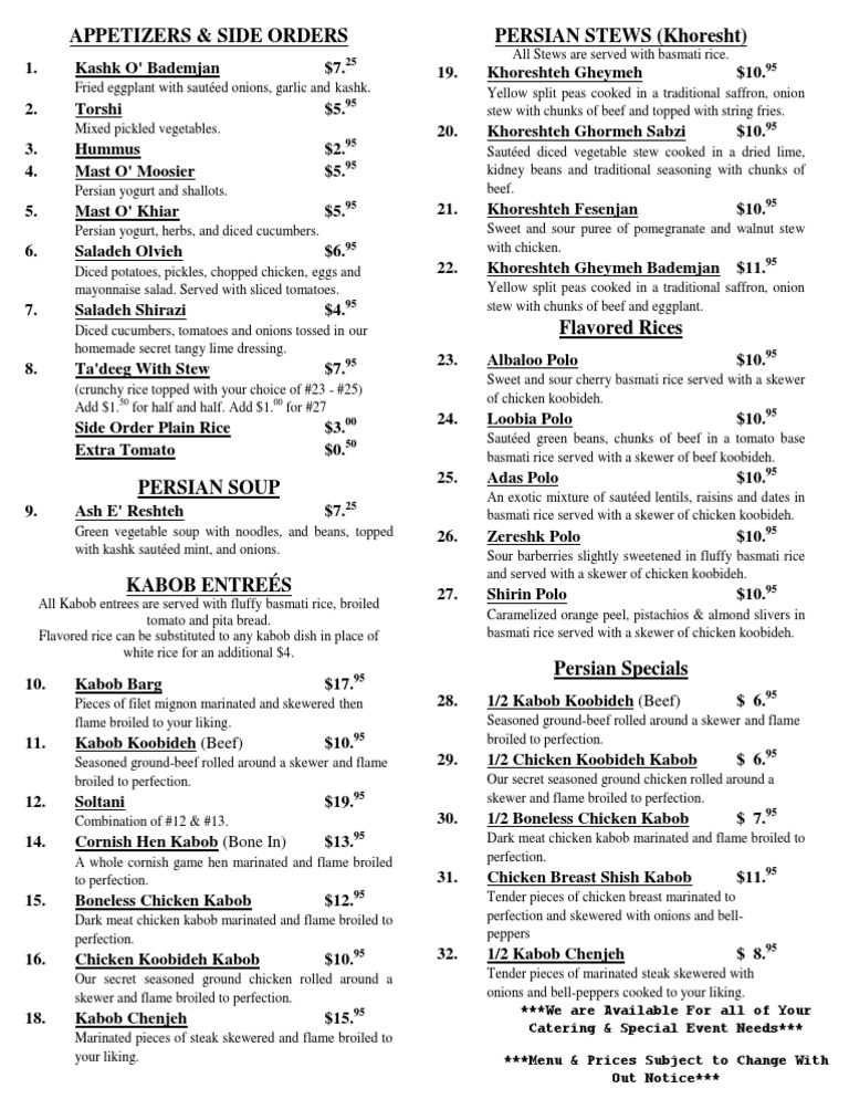 Shayan Menu | PDF | Iranian Cuisine | Kebab