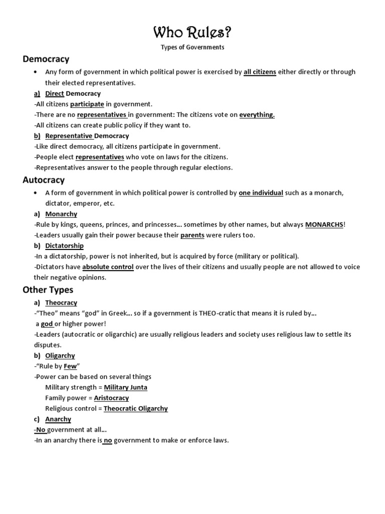 Who Rules Notes Key | PDF | Forms Of Government | Monarchy
