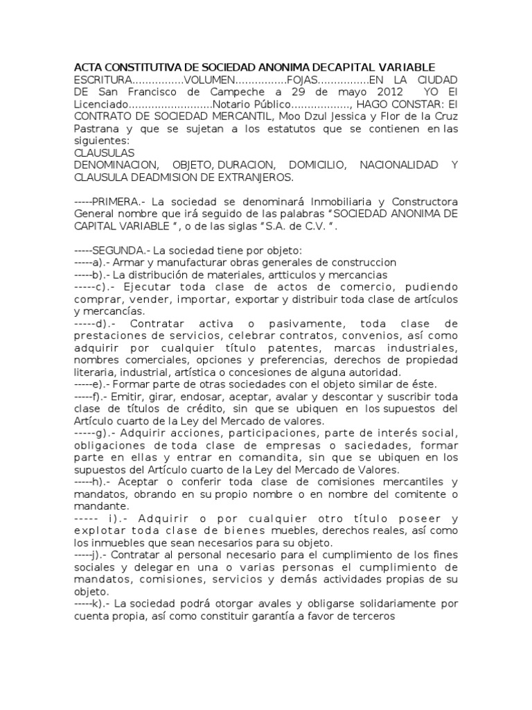 Formato Acta Constitutiva | PDF | Liquidación | Compartir (Finanzas)