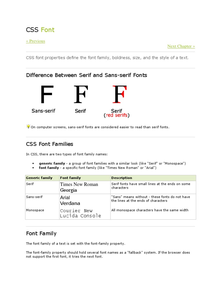 Difference Between Serif and Sans-Serif Fonts: Previous Next Chapter | PDF | Typefaces | Arial