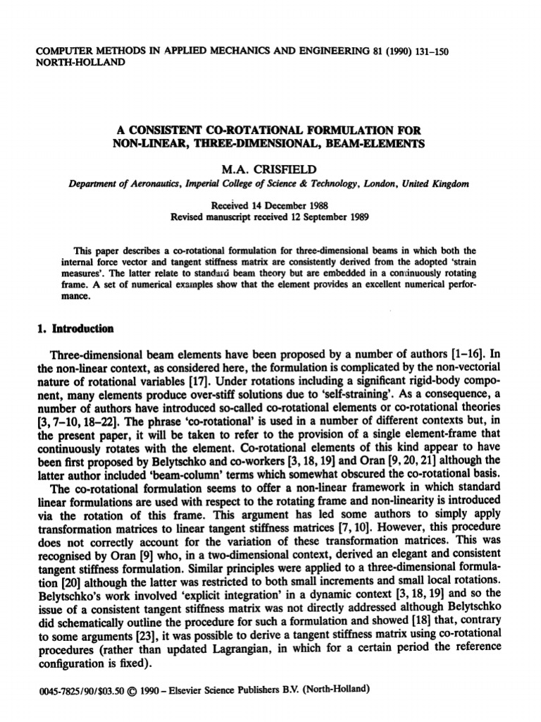 A Consistent Co-Rotational Formulation For Non-Linear, Three-Dimensional, Beam-Elements | PDF ...