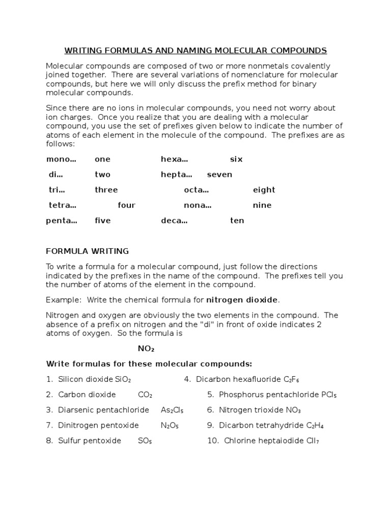 Writing Formulas and Naming Molecular Compounds | PDF | Oxide ...
