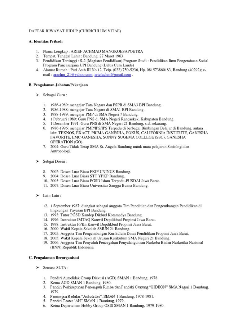 Curriculum Vitae Arief Achmad Mangkoesapoetra | PDF