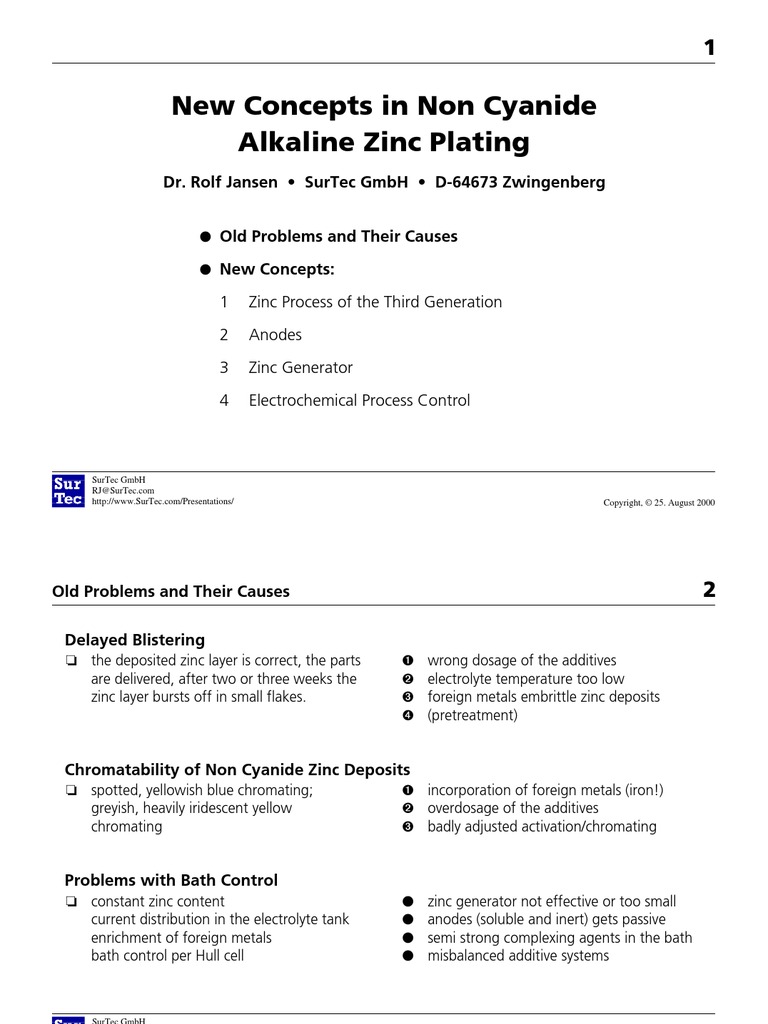 New Concepts Non Cyanide Alkaline Zinc | PDF | Electrochemistry | Potassium