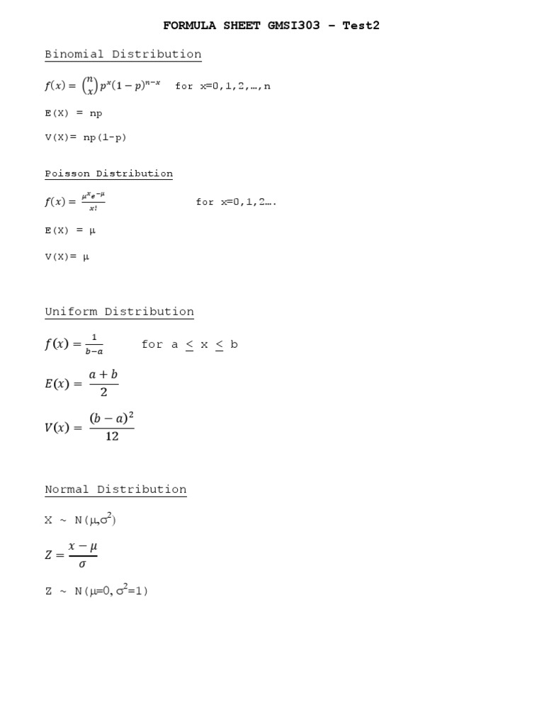 Probability Distributions Formula Sheet | PDF