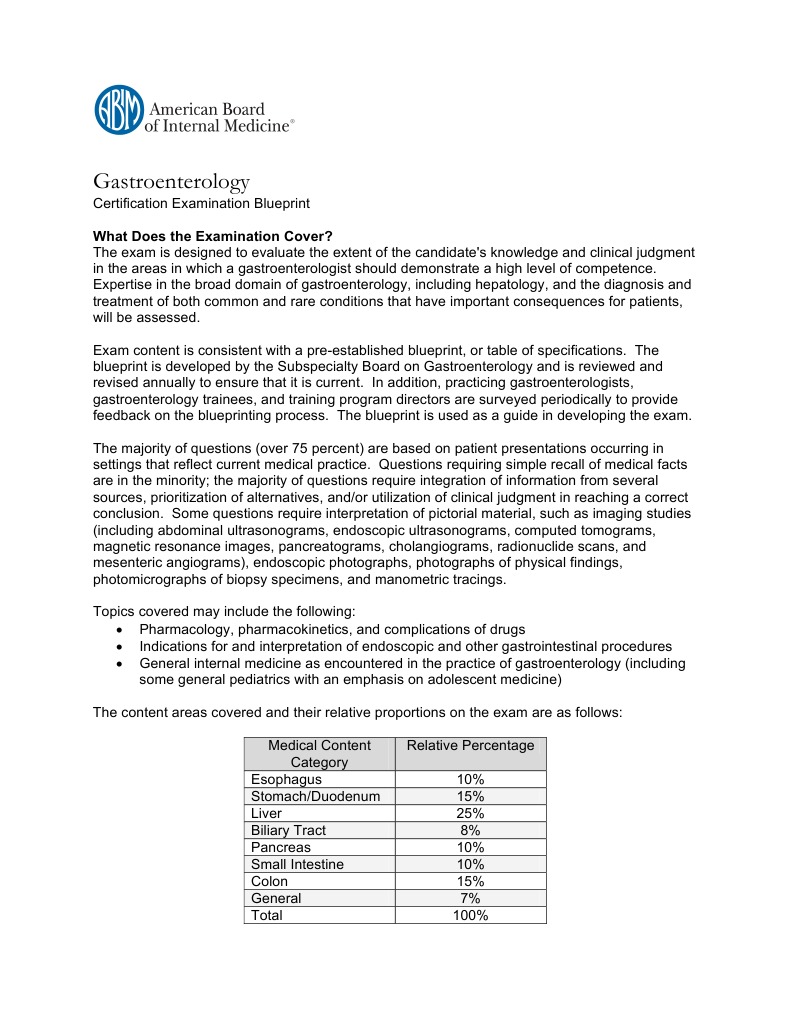 Gastroenterology Certification Examination Blueprint - ABIM | PDF ...