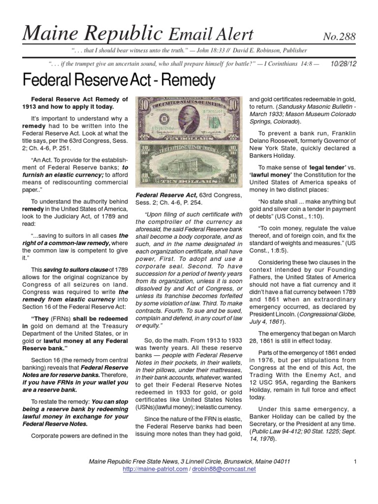 288 - Federal Reserve Act Remedy | PDF | United States Note | Legal Tender