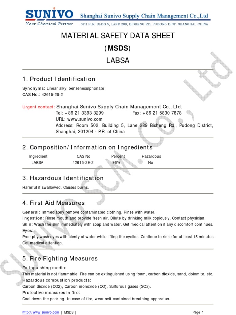 MSDS Labsa 96% | PDF | Carbon Dioxide | Chemistry